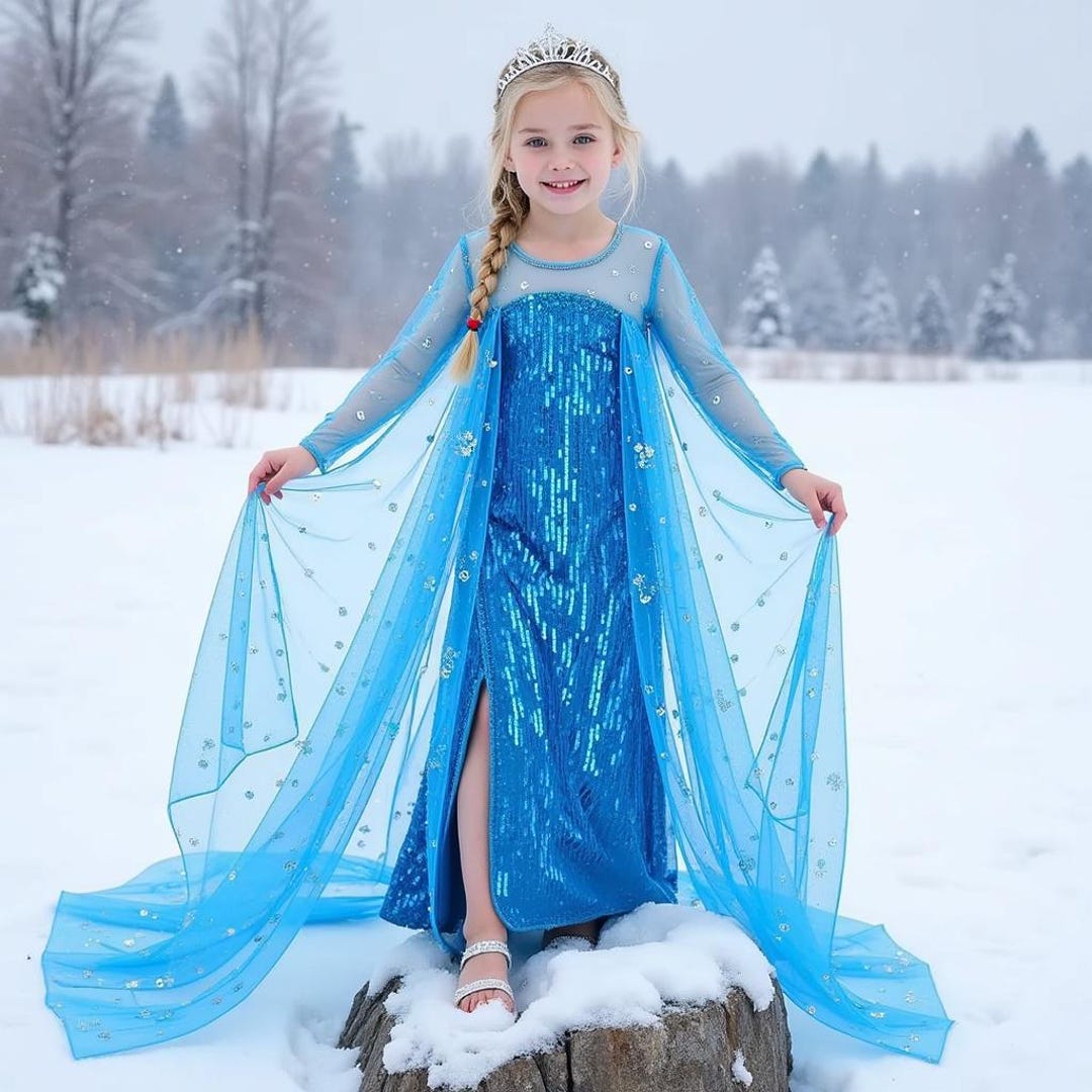 Elsa Princess Dress for Girls – Blue Snow Queen Costume With Sequins ...