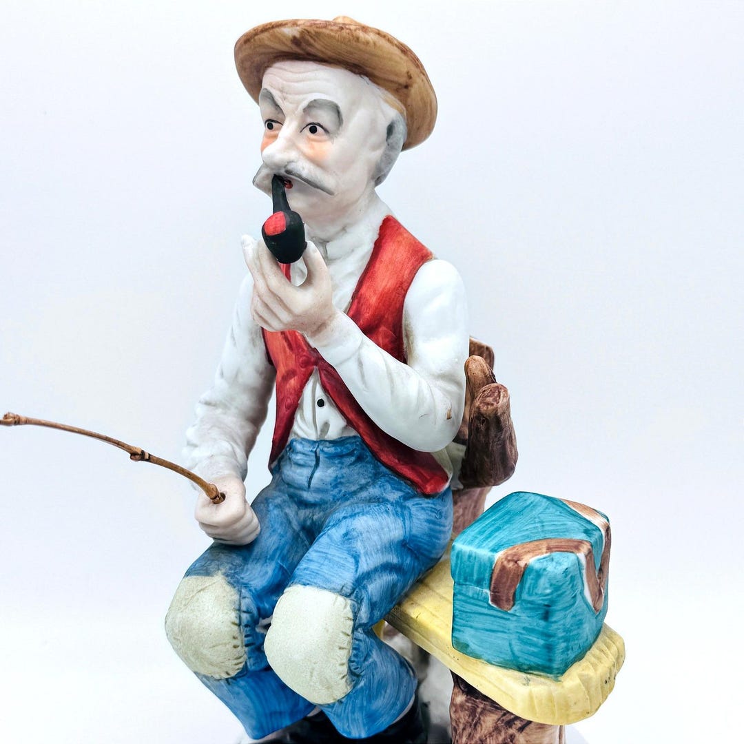Vintage Porcelain Fisherman Figurine Pipe Smoking Fishing Bobber Shelf ...