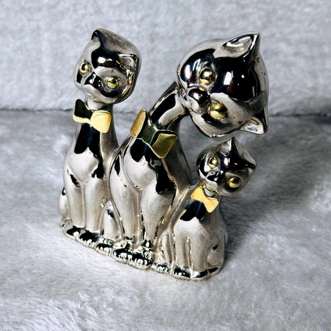 Vintage Chrome Silver MCM Cat Family Figurine 3 Cats Gold Bow Ties ...