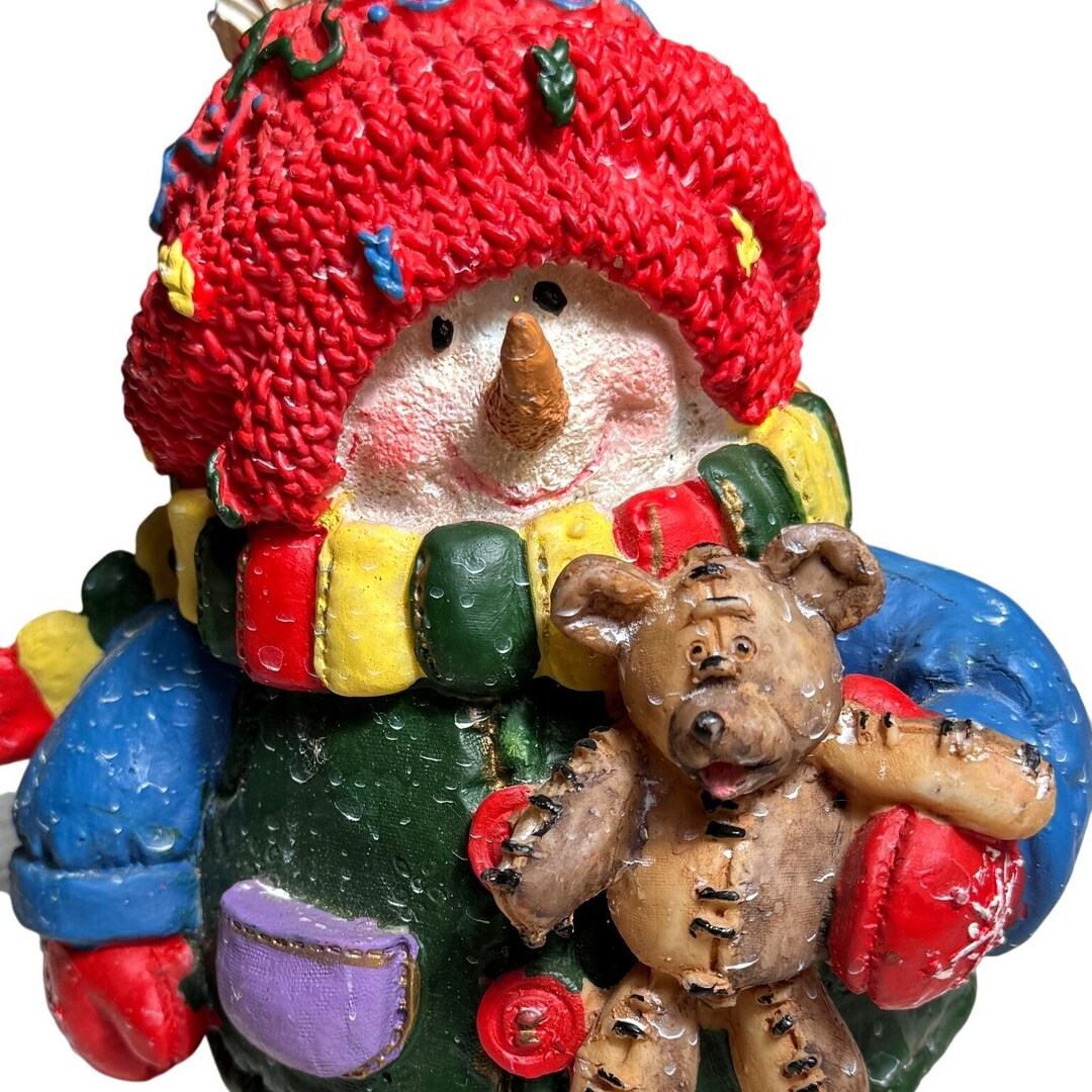 Vintage Snowman With Teddy Bear Figurine Holiday Christmas Whimsical ...