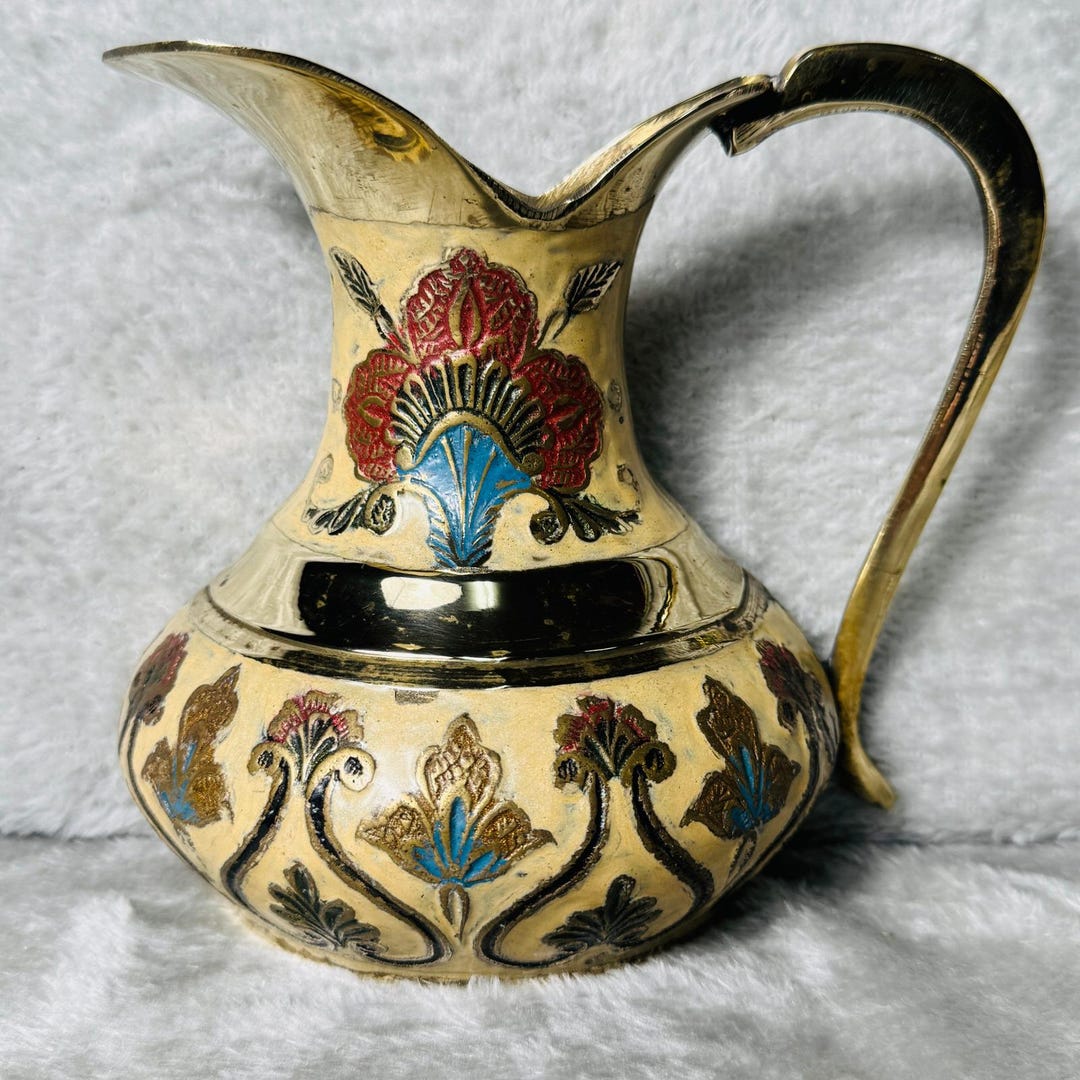 Vintage Brass Hand Painted Floral Wall Jug Enamel Design Decorative ...