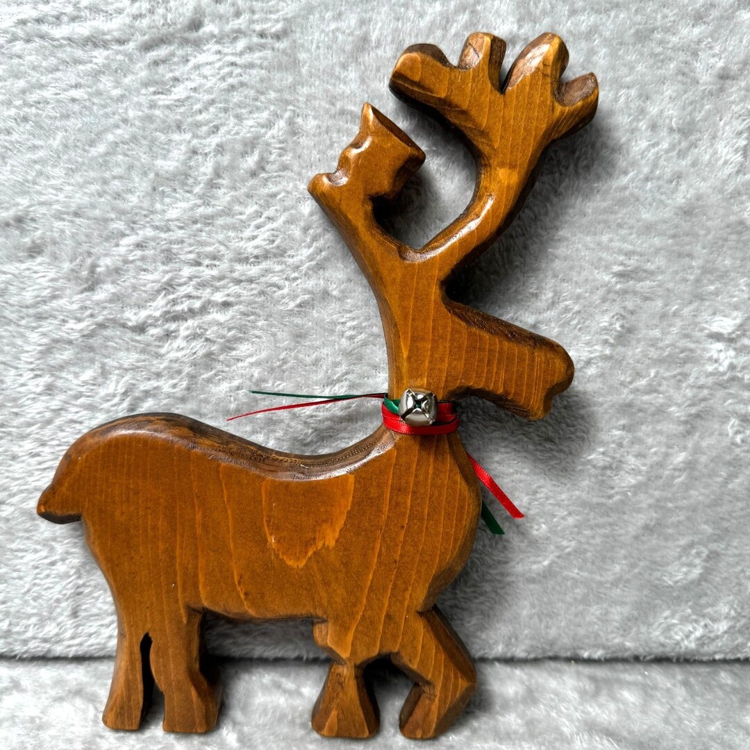 Vintage Hand-carved Wooden Reindeer Figure W/ Jingle Bell – Rustic ...