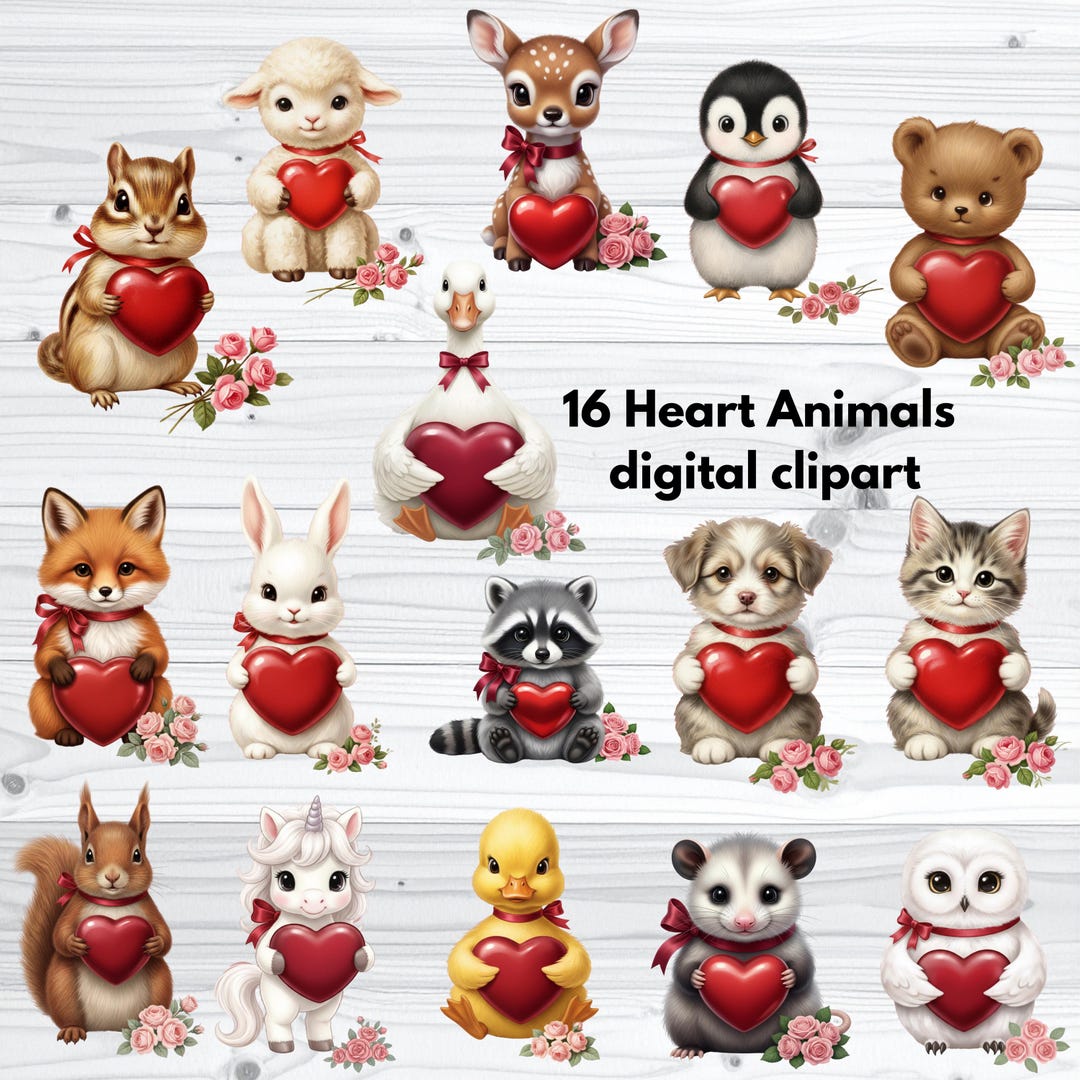 Valentine Animal Clipart Bundle | Heart Animals PNG (digital Download ...