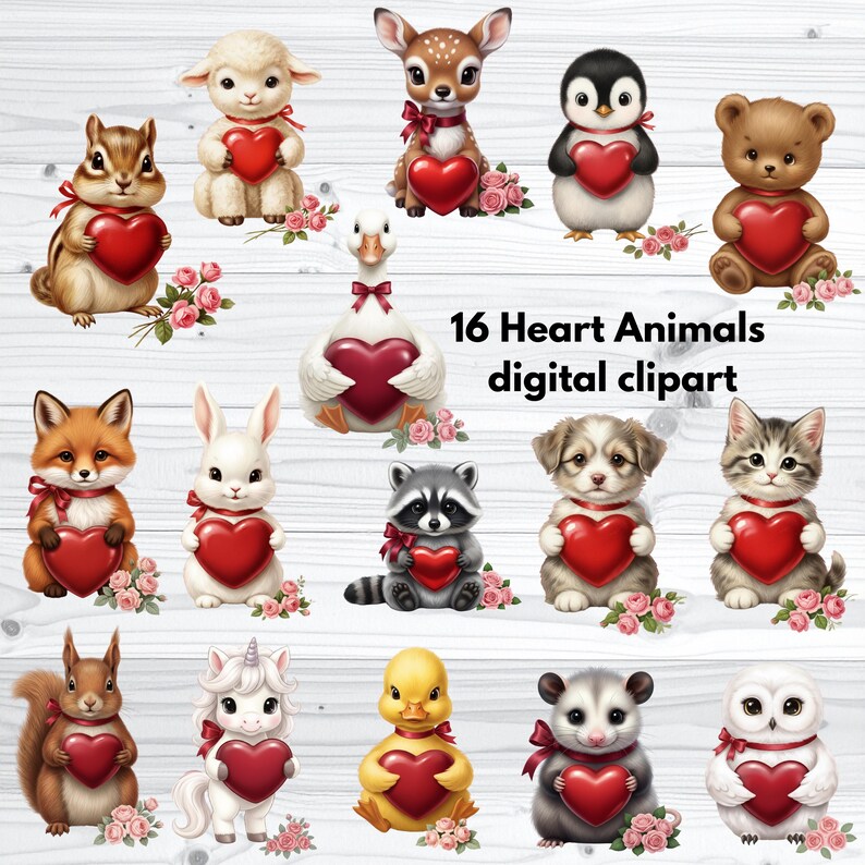 Valentine Animal Clipart Bundle | Heart Animals PNG (digital Download ...