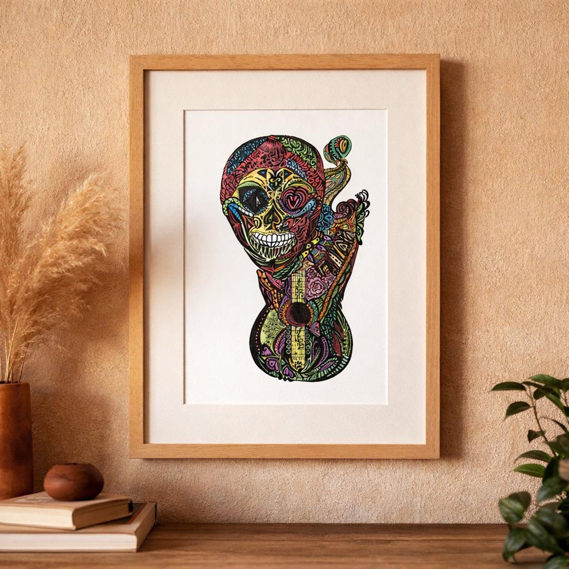 Surreal Skull Guitar Art Printable | Psychedelic Skull Line Art | Rock ...
