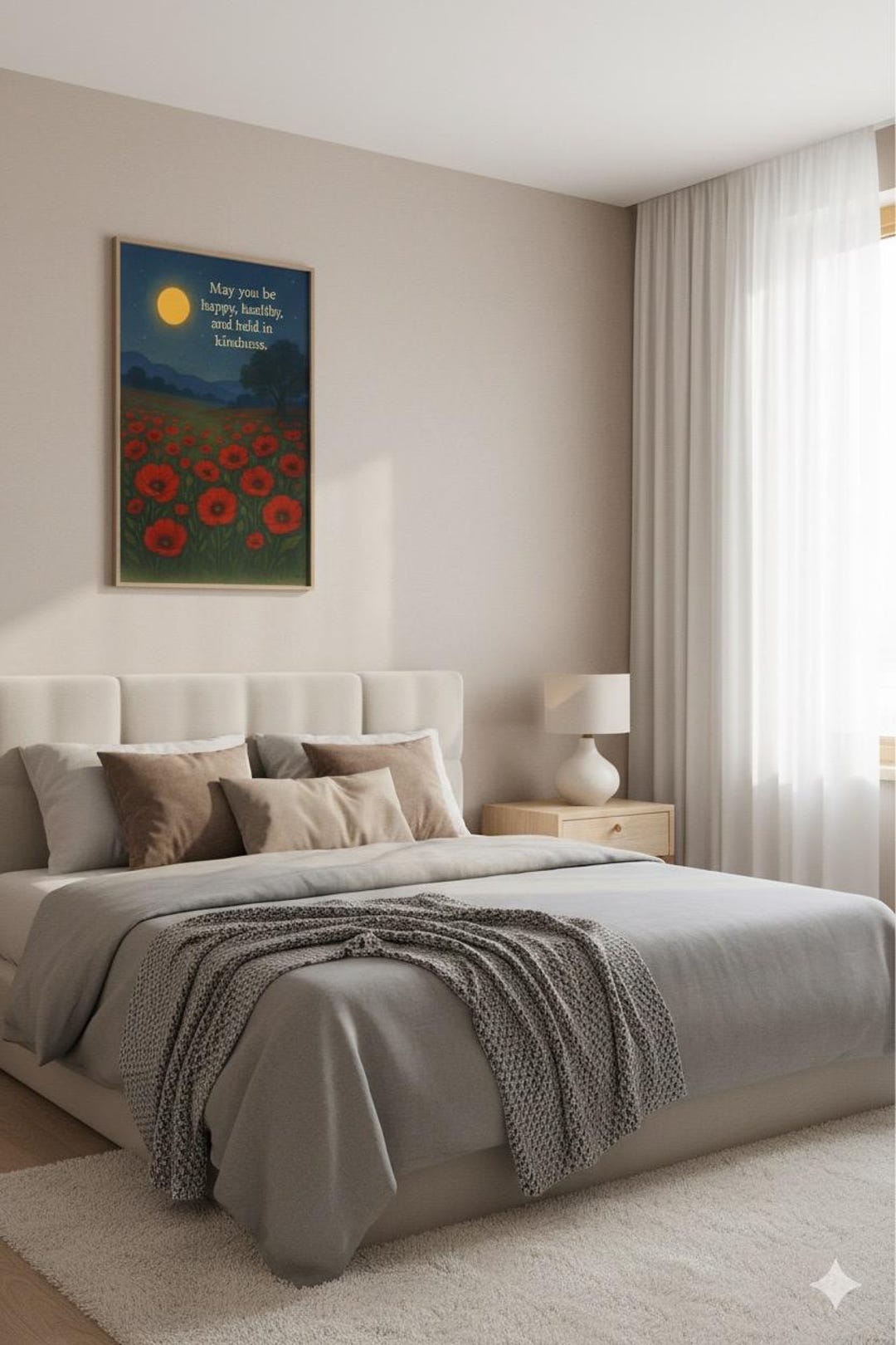 Poppy Moon Printable — Red Poppy Field Under Full Moon, Kindness Quote ...