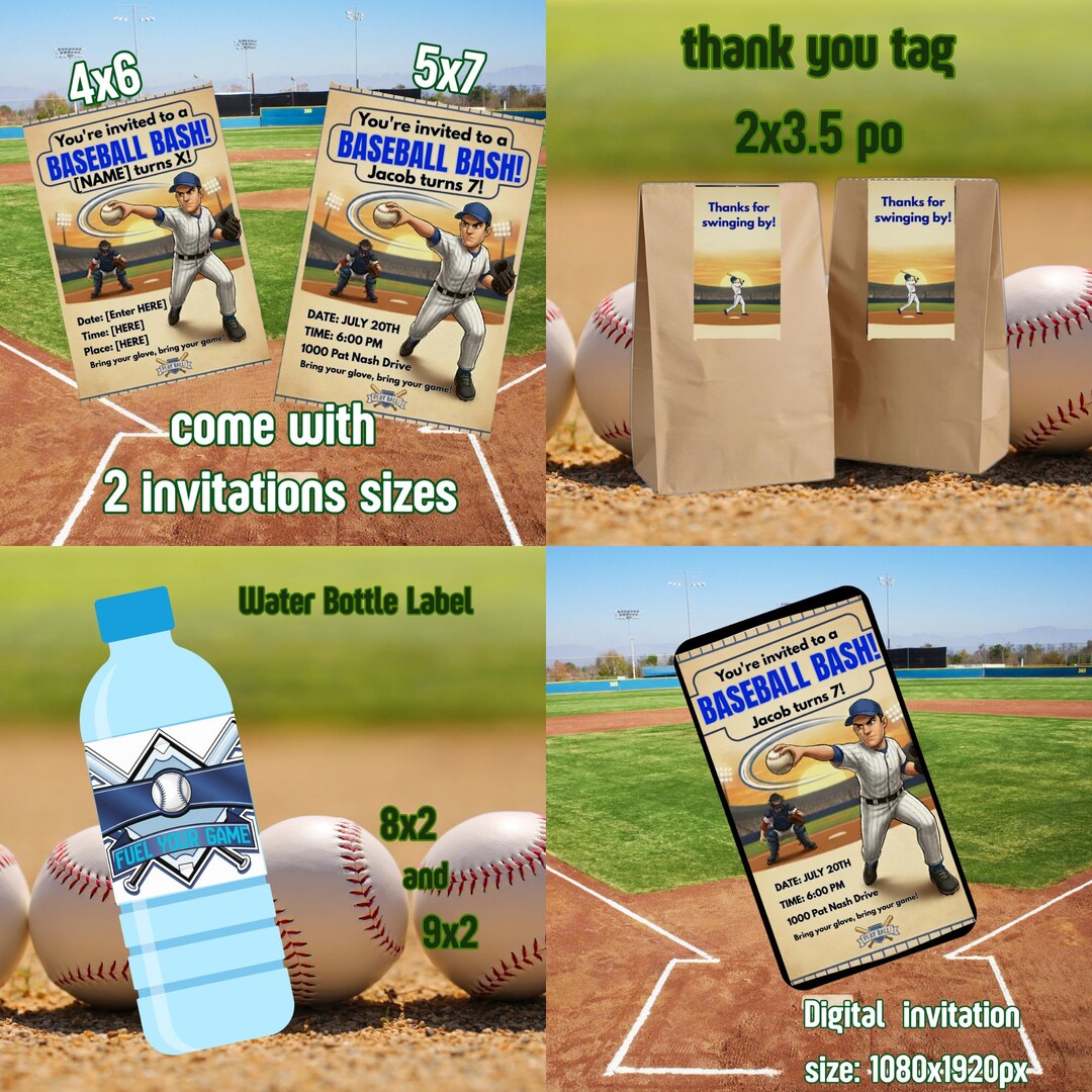Baseball BASH Party Invitation | Thank Tag | Phone Version Included ...