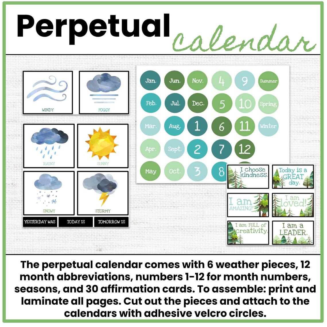 Perpetual Classroom Circle Time Printable Calendar Set Display, Nature ...