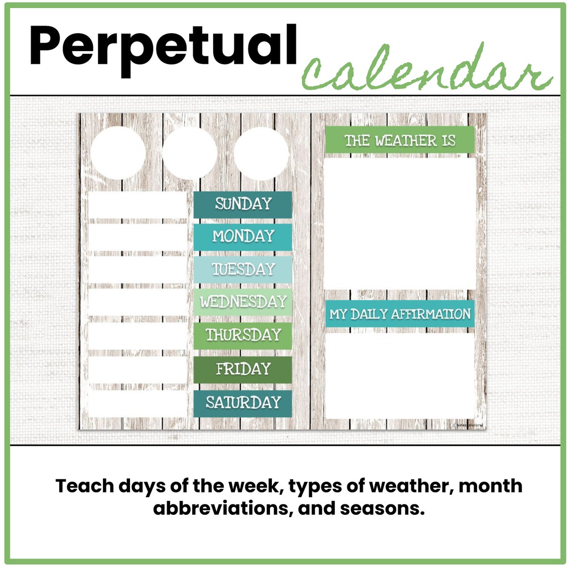 Perpetual Classroom Circle Time Printable Calendar Set Display, Nature ...