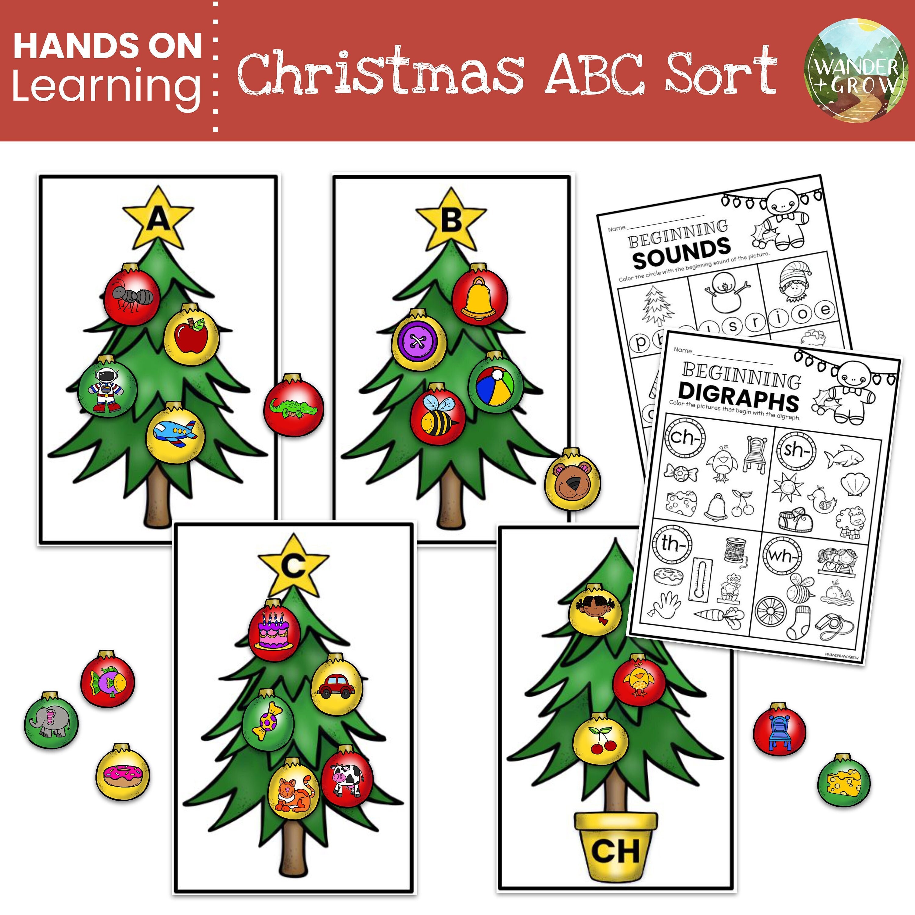 Christmas Tree Beginning Sound Letter Match Sorting Game | Preschool ...