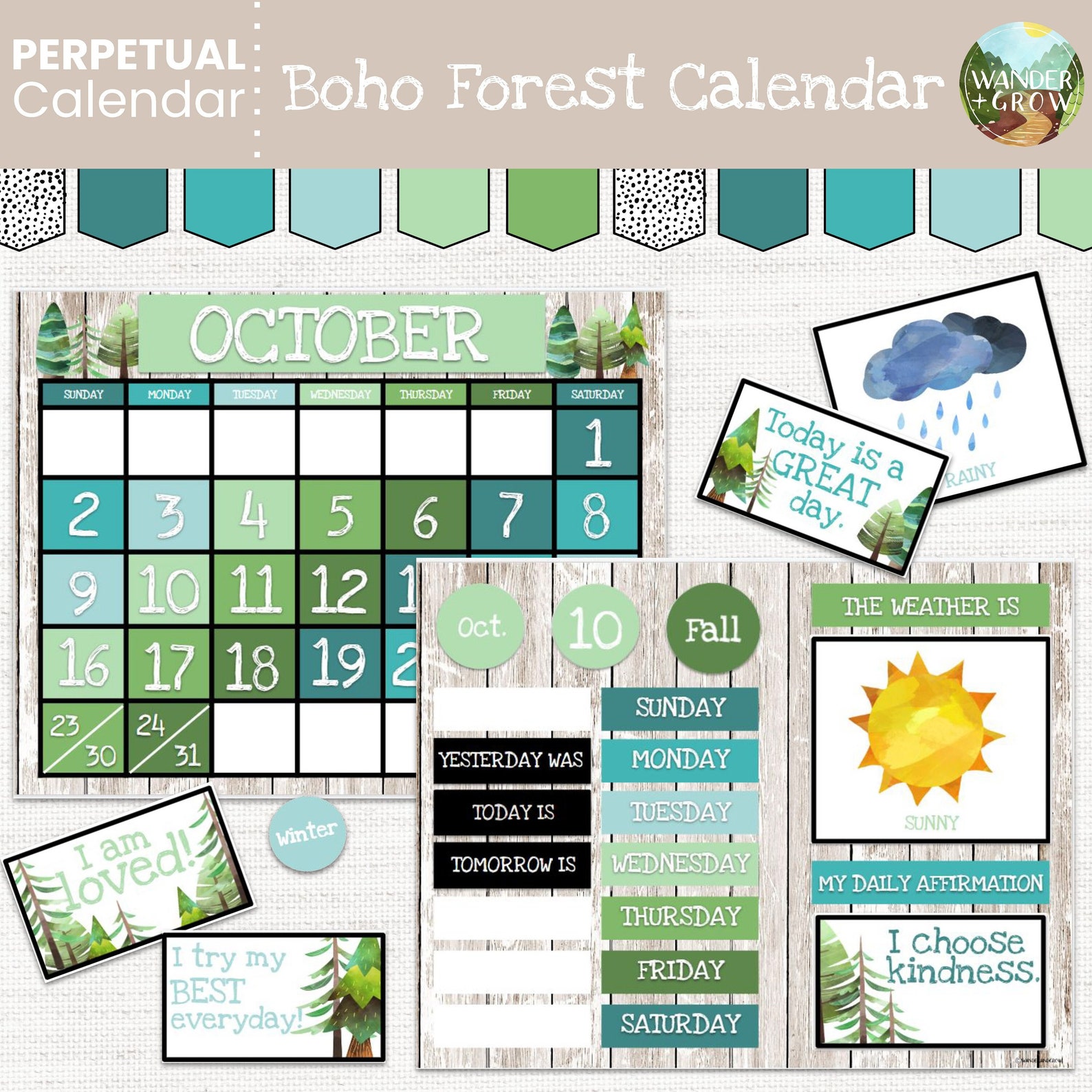 Perpetual Classroom Circle Time Printable Calendar Set Display, Nature ...