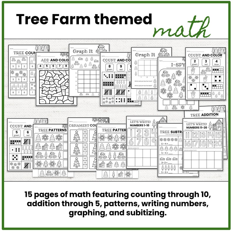 Christmas Tree Farm Math and Literacy Worksheets, Preschool, Pre-k ...