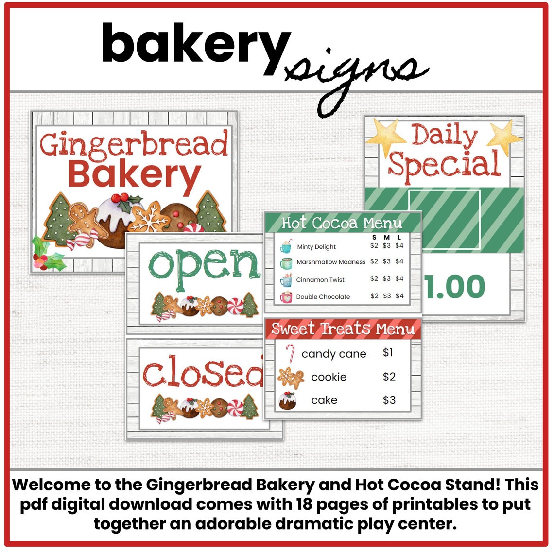 Gingerbread Bakery Dramatic Play, Pretend Play Printables | Christmas ...