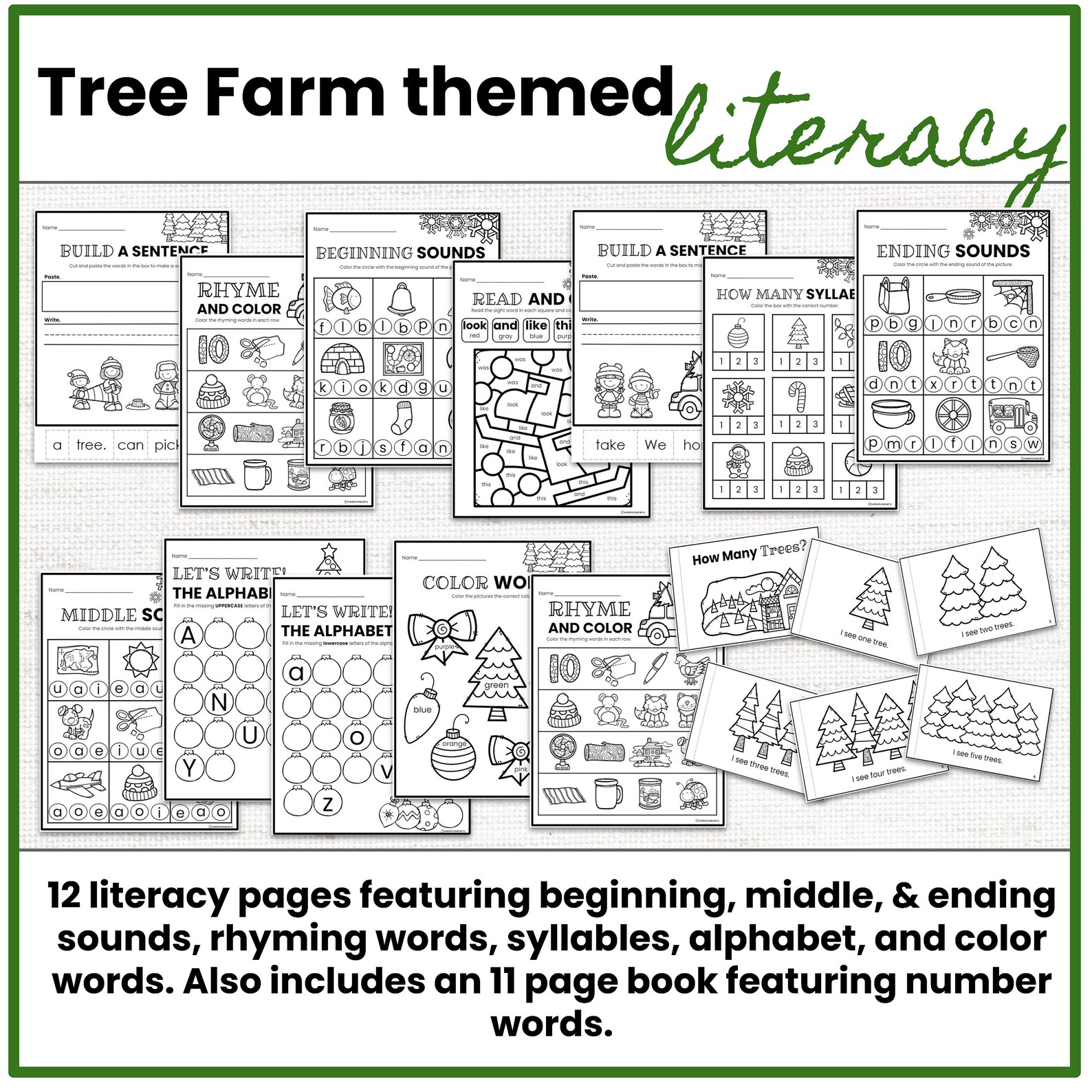 Christmas Tree Farm Math and Literacy Worksheets, Preschool, Pre-k ...