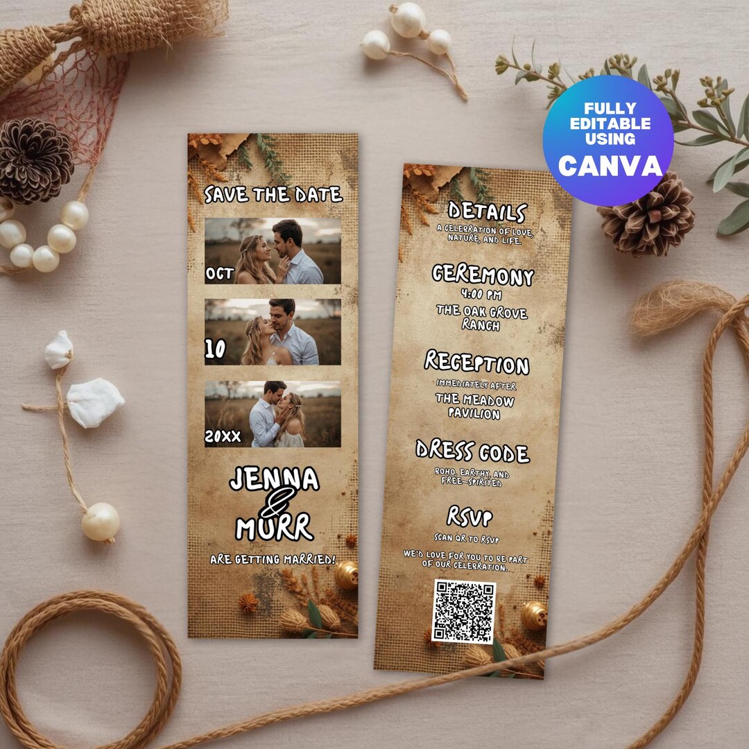 Rustic Boho Wedding Invitation, Photo Strips Save the Date With RSVP QR ...