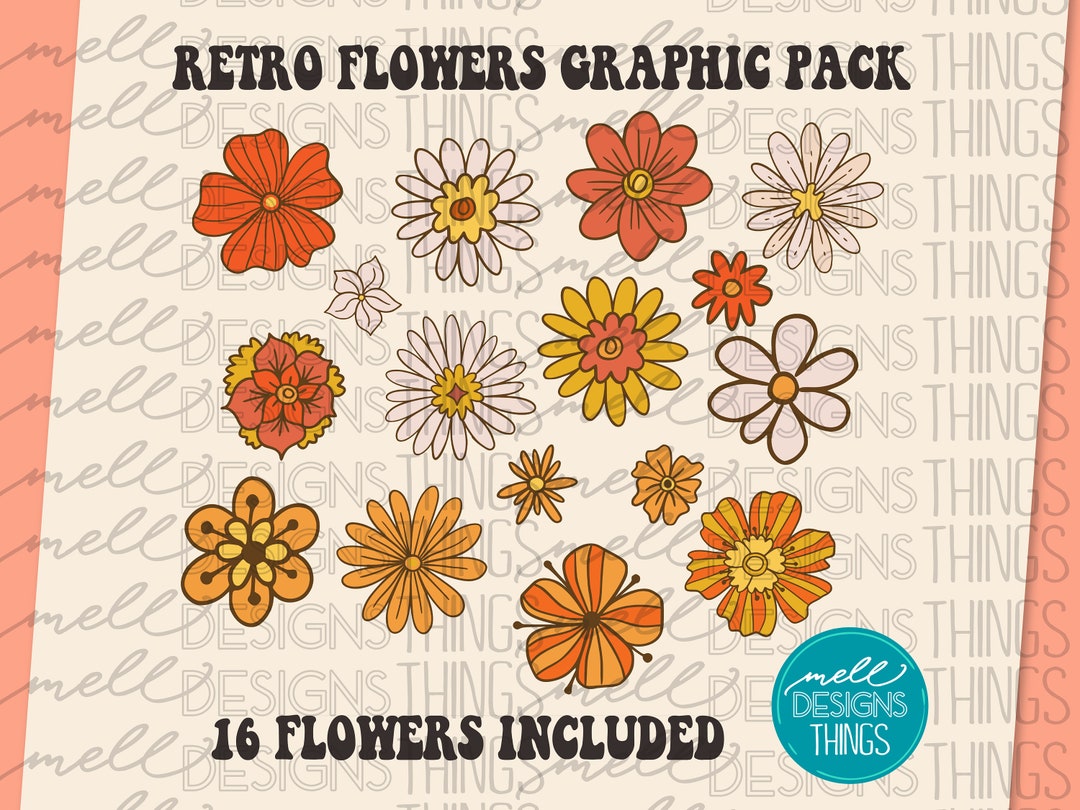 Retro Flowers Graphic Pack | PNG Elements, Sublimation, Design - Etsy