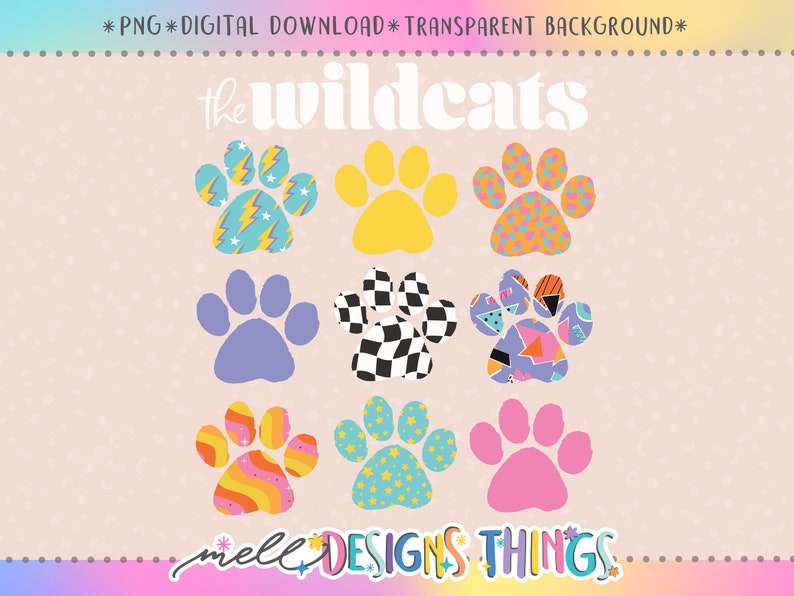 Wildcats Paw Prints PNG | Neon Pattern Sublimation Design (digital ...