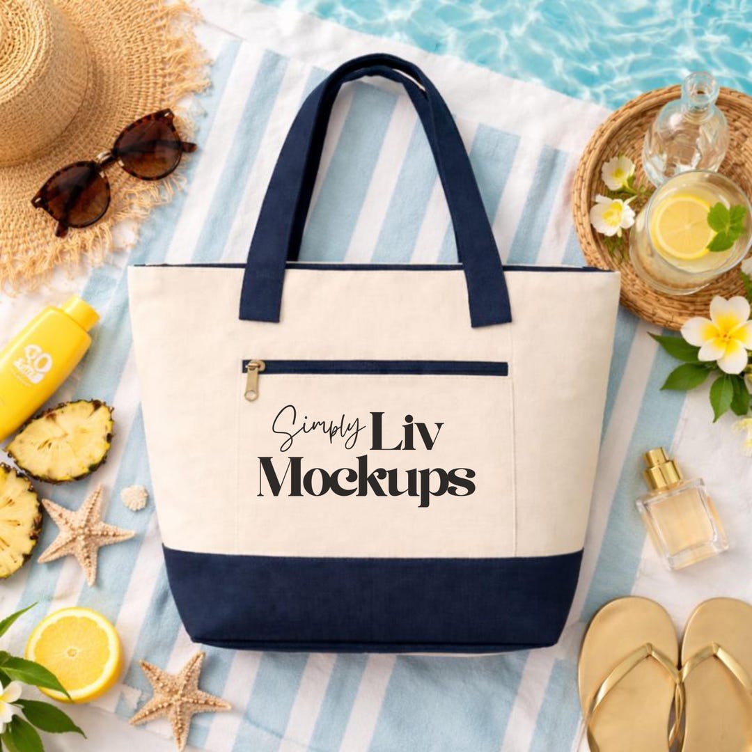 Summer Pool Zippered Canvas Tote Flat Lay Mockup for Printify Q-tees ...