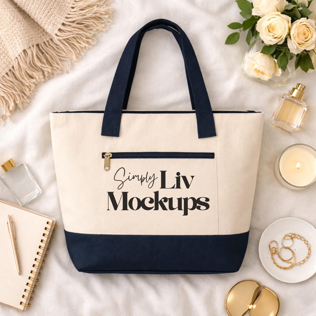 Zippered Canvas Tote Flat Lay Mockup Bag for Printify Q-tees Brand With ...