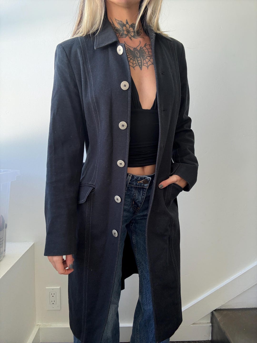 Philippe Adec Paris Navy Blue Belted Coat Women’s Size 4 Vintage ...