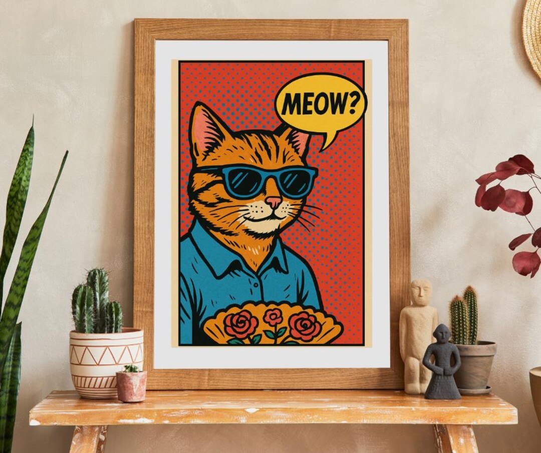 Pop Art Cat Wall Art – Retro Comic Style Digital Print, Cool Cat Poster ...