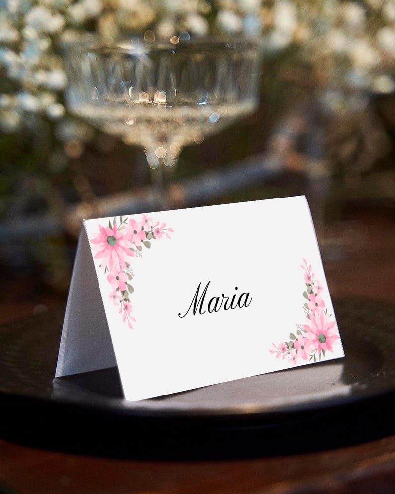 Editable Place Card Template Wedding Pink Floral Canva Pinkful Design ...