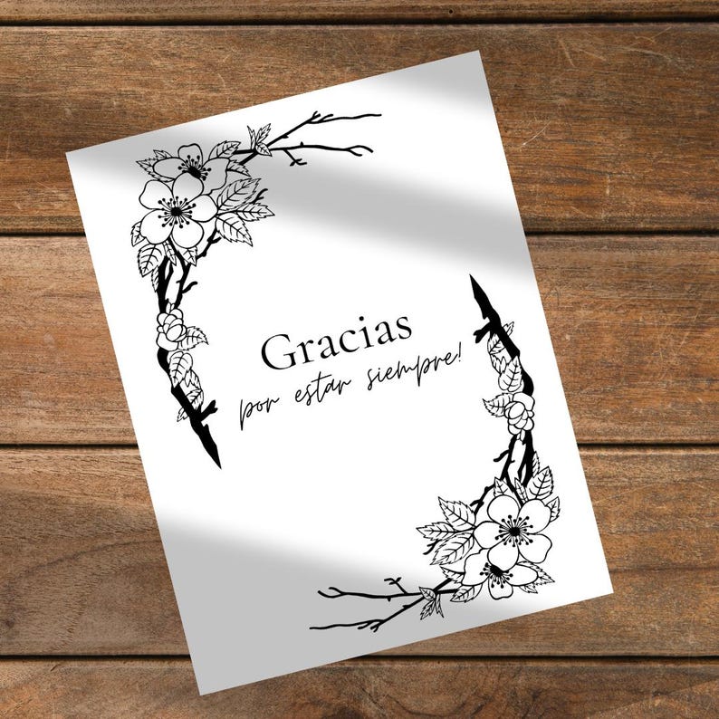 Printable Thank You Card Floral Line Art 5 X 7- Bilingual English ...