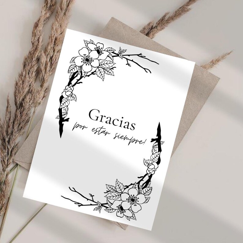 Printable Thank You Card Floral Line Art 5 X 7- Bilingual English ...