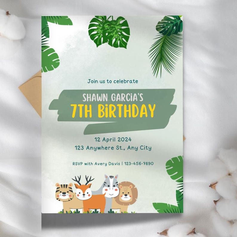 Jungle Birthday Invitation Boy Canva Template - Safari Animals - Green ...