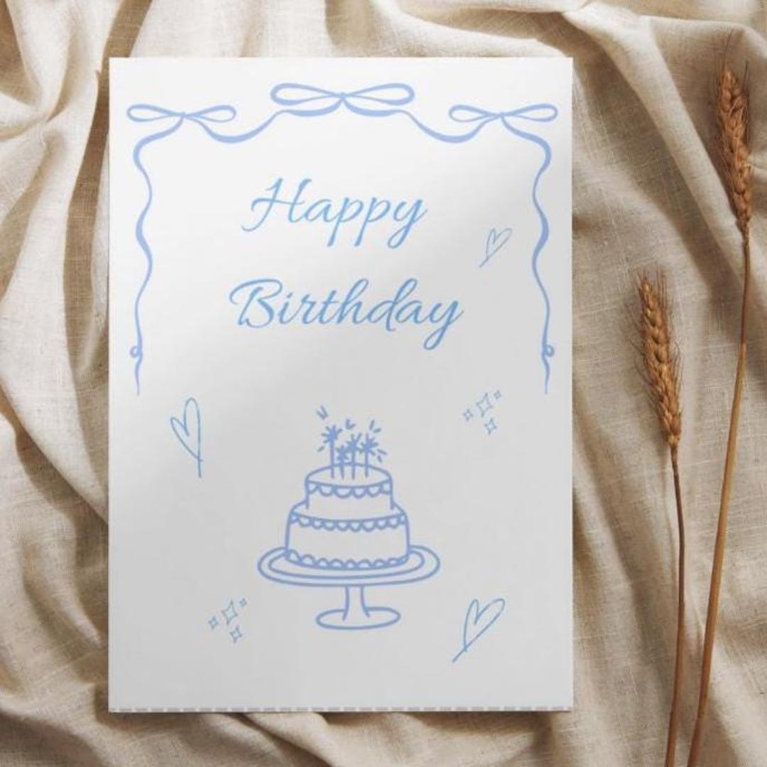 Printable Birthday Card Blue Ribbons & Cake Design | 5x7” on A4 ...