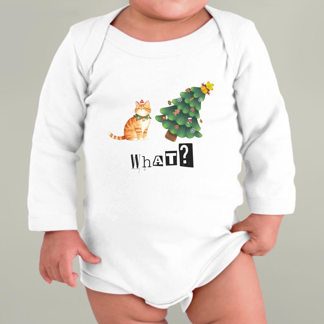 Funny Cat Knocking Christmas Tree Bodysuit, Holiday Baby Outfit, Cat ...