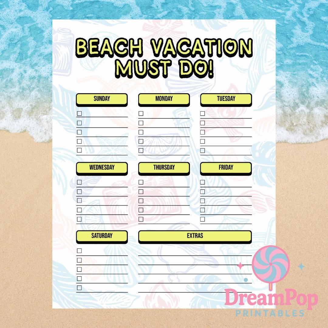 Beach Vacation Must Do List Printable PDF, Travel Planner Checklist ...