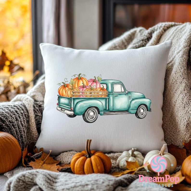 Vintage Teal Truck With Pumpkins PNG Personal & Commercial, Farmhouse ...