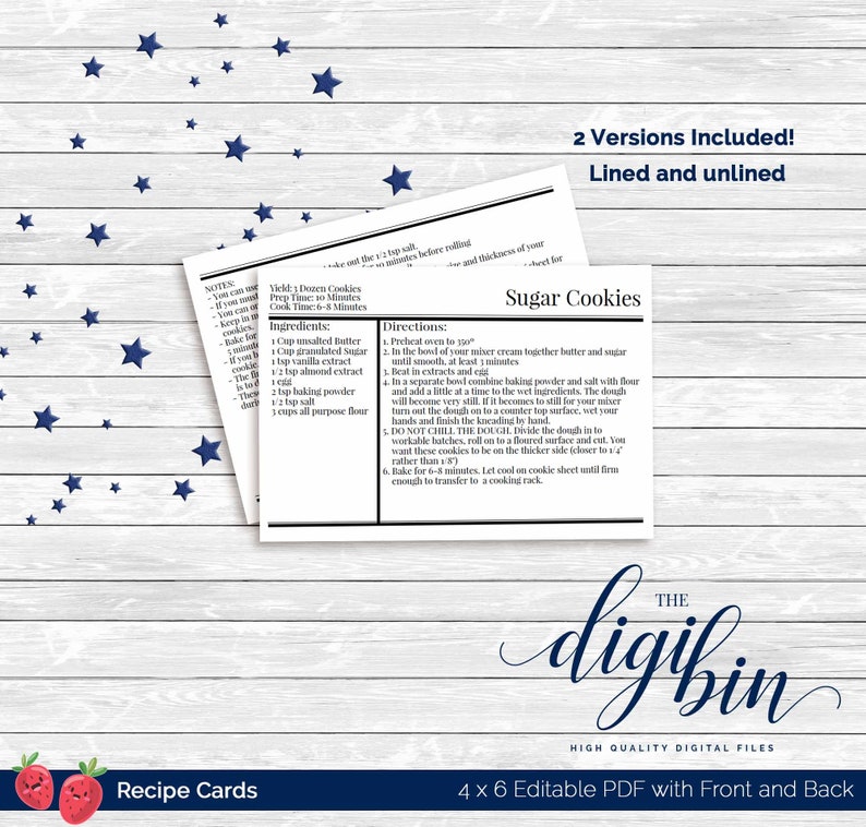 4 X 6 Recipe Cards | Fully Editable PDF | 2 Versions Lined and Unlined ...