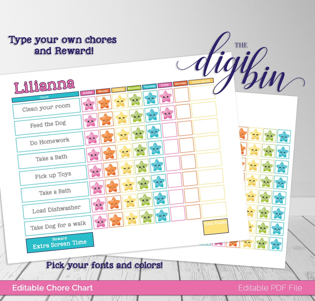 8.5 X 11 Kids Chore Chart | Fully Editable PDF | Daily Responsibilities ...