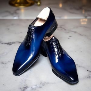 Handmade Leather Oxford Dress Shoes: Blue Shaded Lace-up Formal Shoes ...
