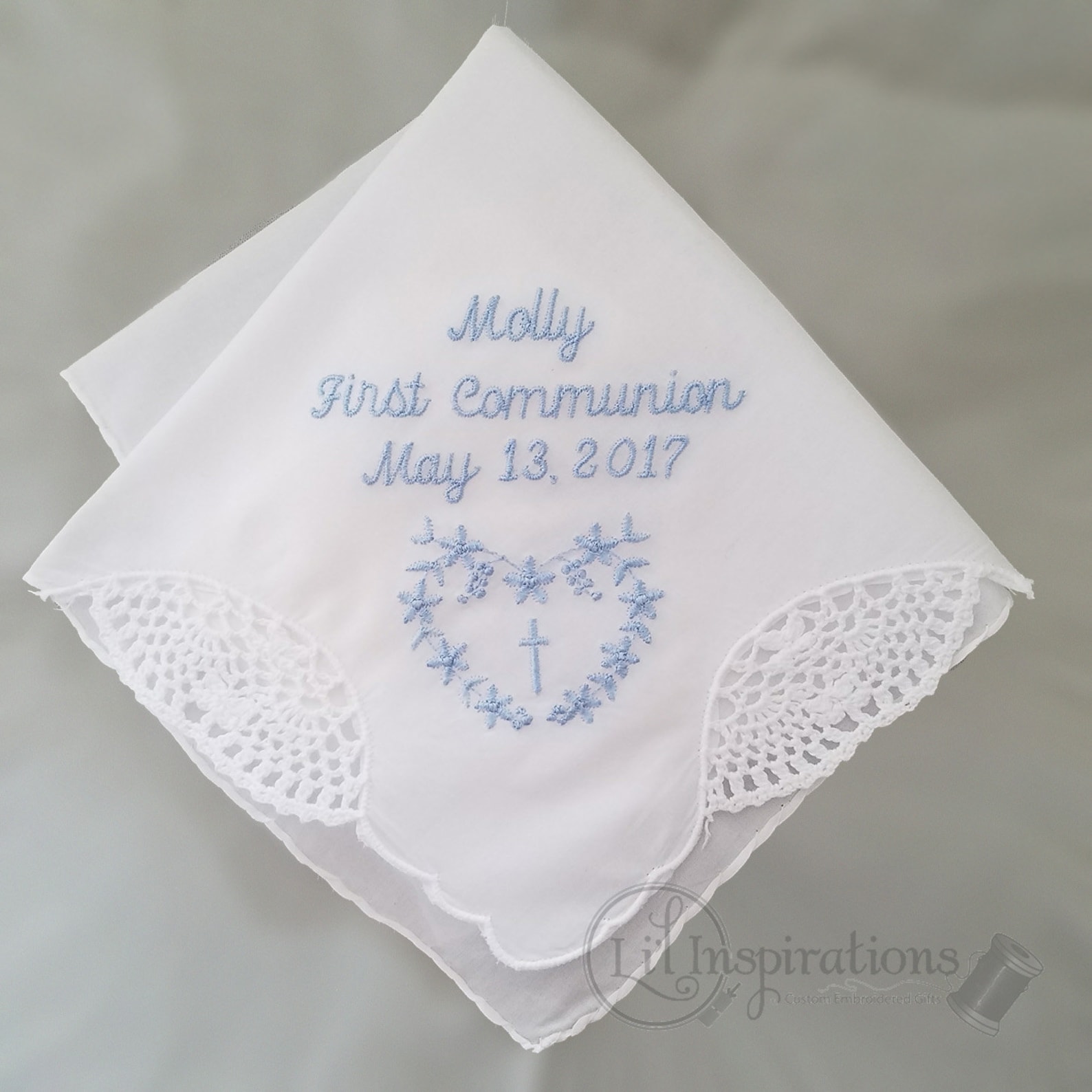 Embroidered Linen Handkerchief | Baptism Present | Communion Gift for ...
