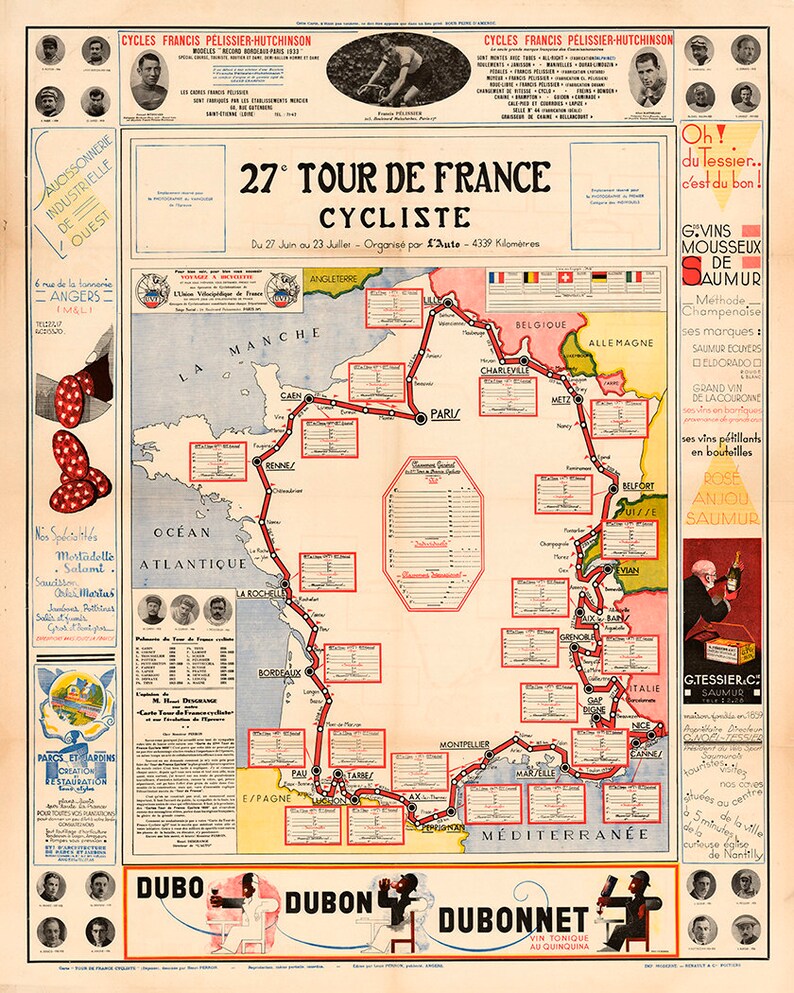 1933 Tour De France Map Poster Special Edition Vintage Etsy