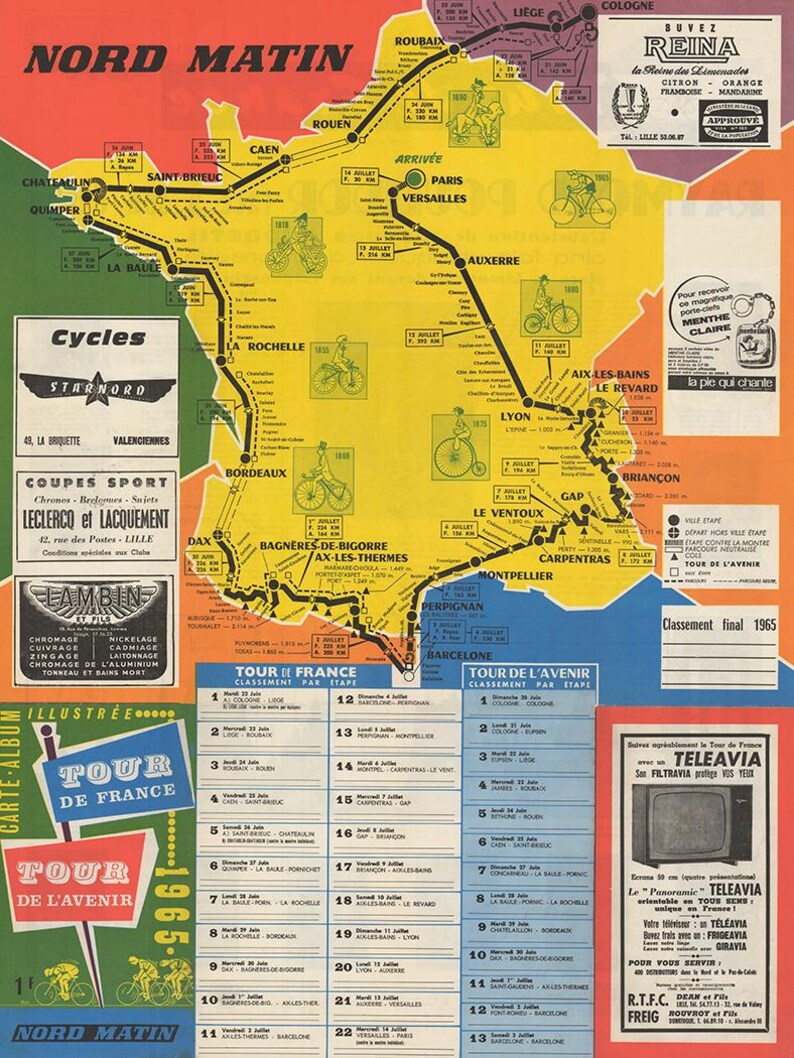 1965 French Bicycle Race Map Vintage Bicycle Poster Prints - Etsy