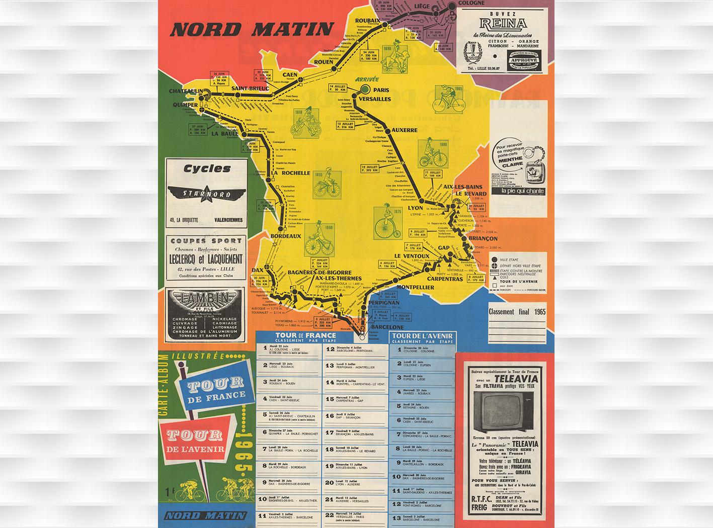 1965 French Bicycle Race Map Vintage Bicycle Poster Prints - Etsy