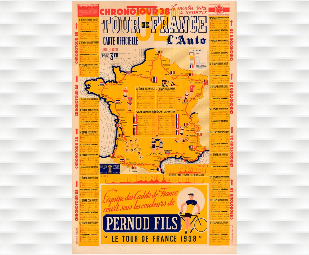 1938 Vintage Tour De France Map Poster - Etsy