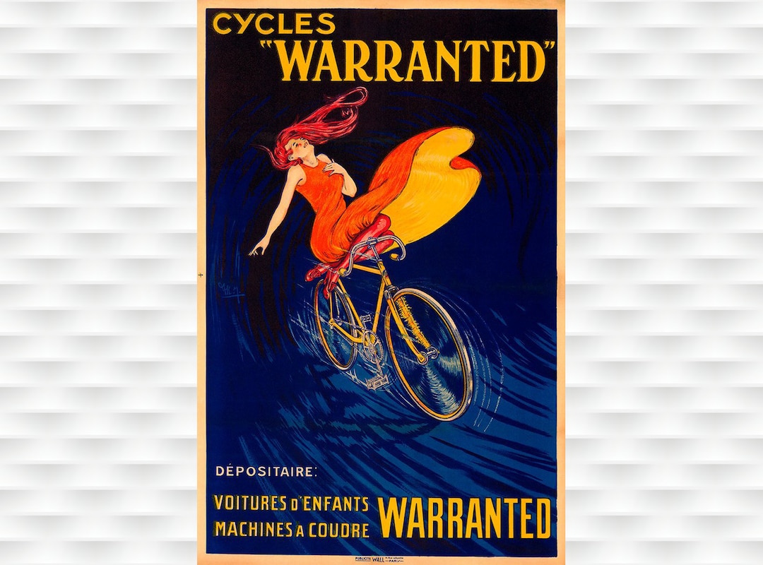 Cycles Warranted Bicycle Poster Cycling Poster Bicycle Art Vintage ...