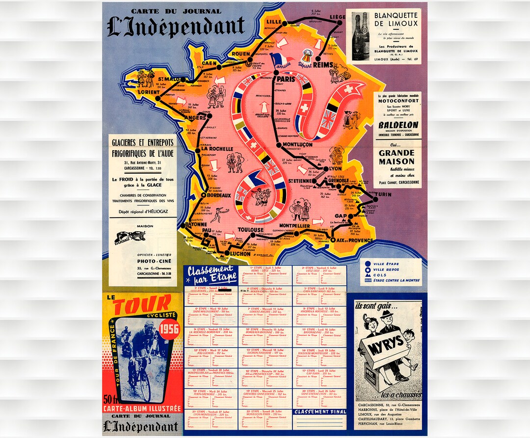 1956 French Bicycle Race Map Poster Prints - Etsy