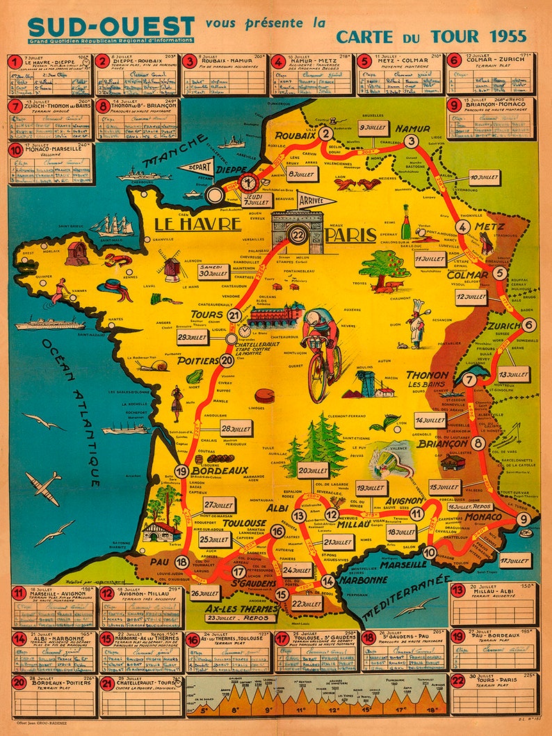 1955 French Bicycle Race Map Poster Prints - Etsy
