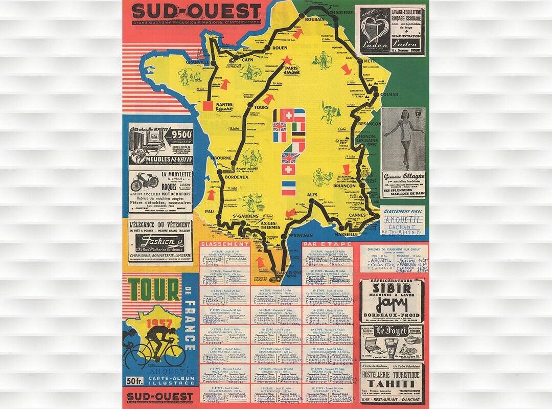 1957 French Bicycle Race Vintage Map Poster Prints - Etsy