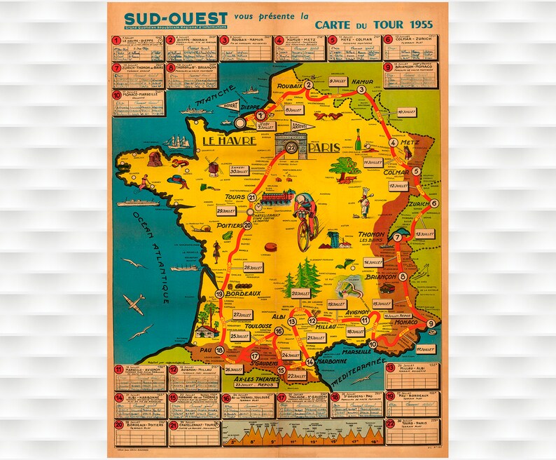 1955 French Bicycle Race Map Poster Prints - Etsy