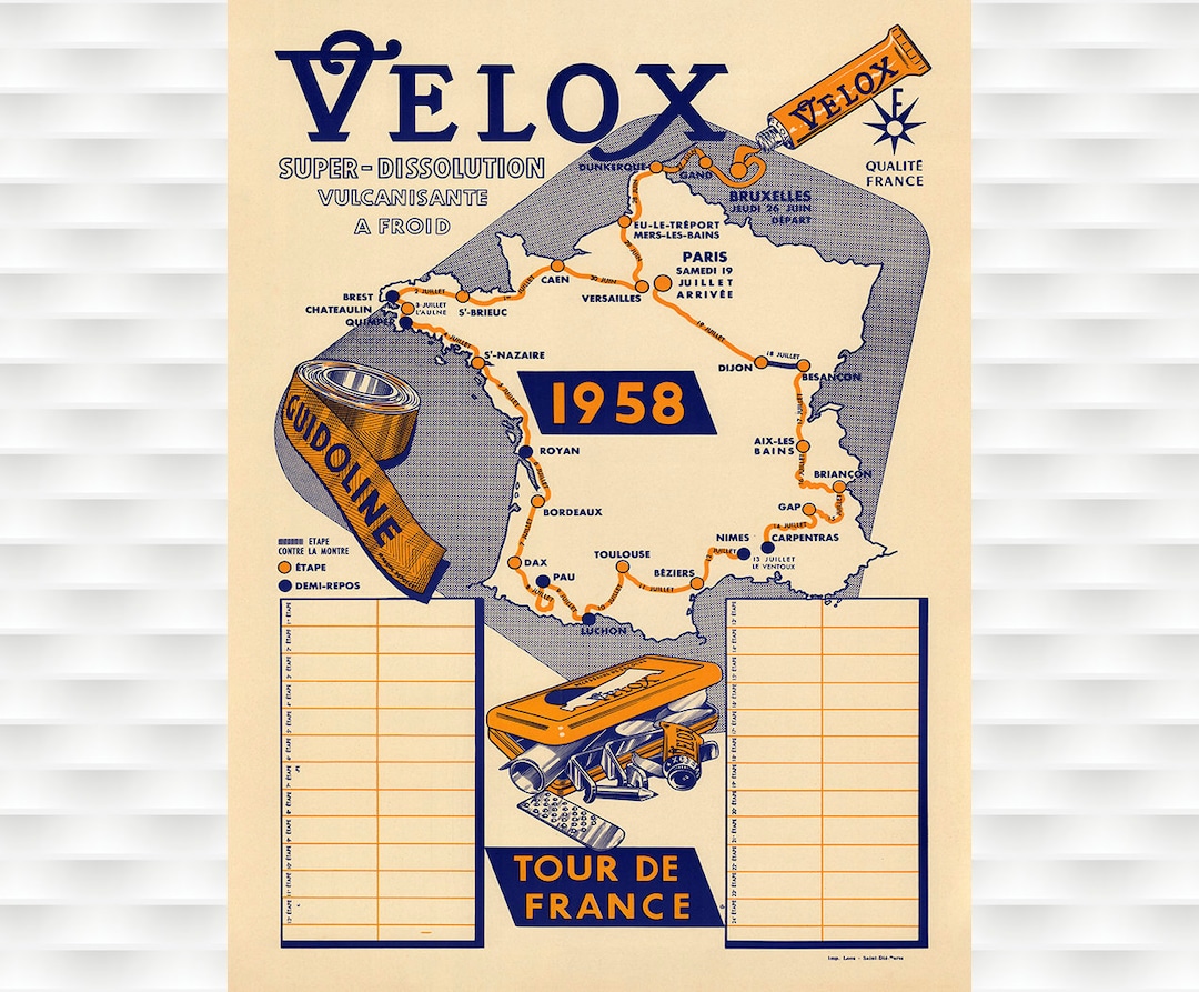 1958 French Bicycle Race Vintage Map Poster - Etsy