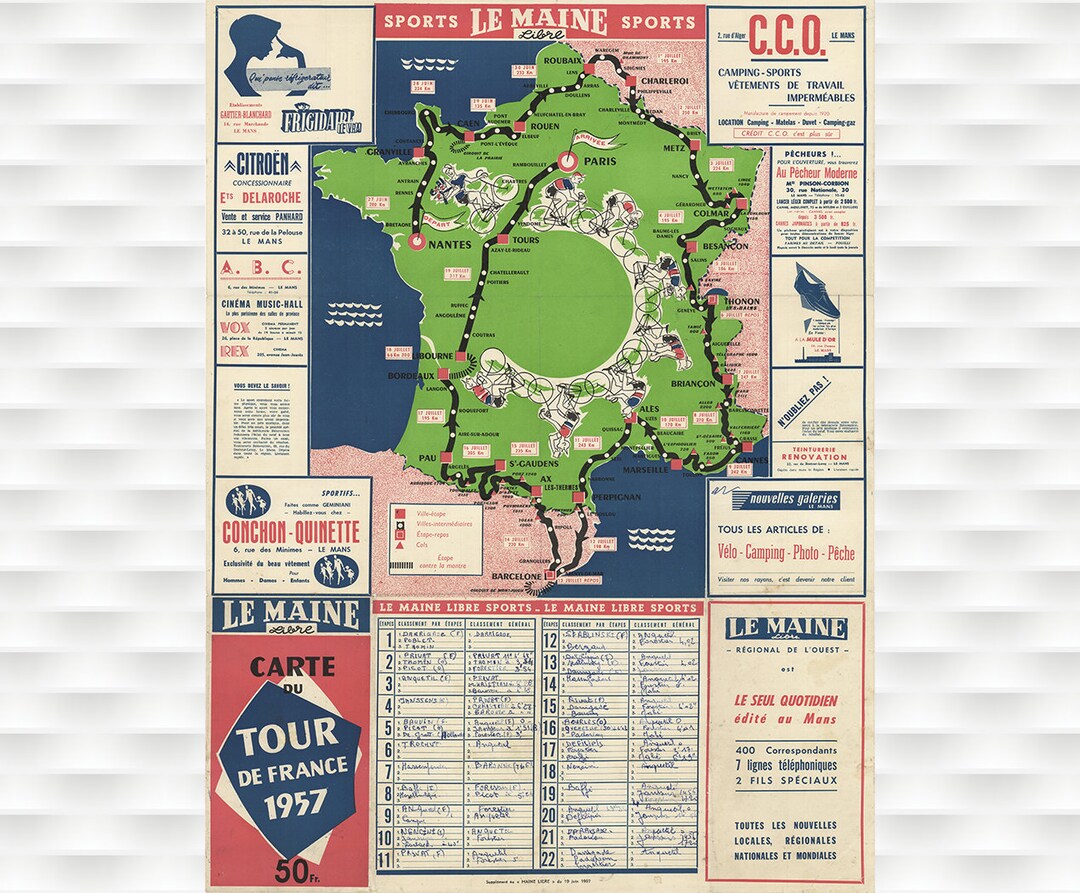 1957 French Bicycle Race Map Poster Prints - Etsy