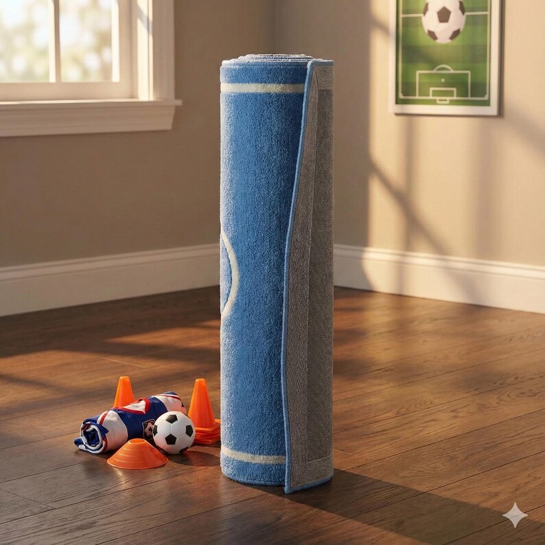 Hand-tufted Blue-white Football Field Rug for Kids. Premium Wool With ...