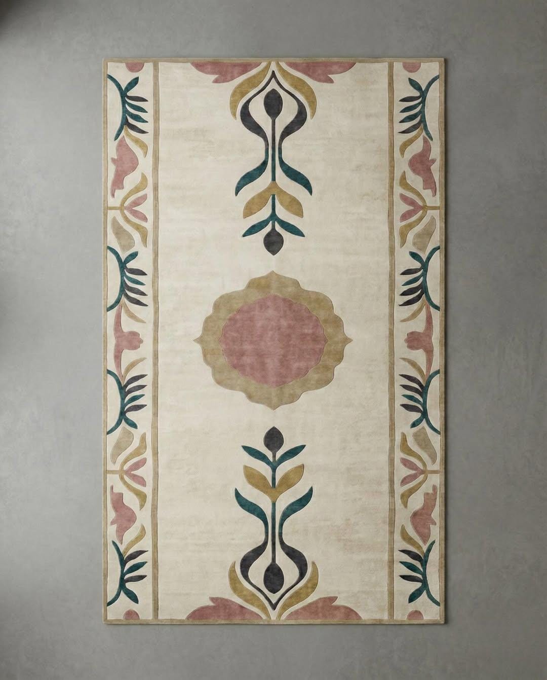 Boho Floral Tufted Area Rug | Pastel Pink, Mustard Yellow Art Deco ...